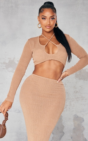 Shape Soft Brown Sheer Rib Low Waist Midaxi Skirt | PrettyLittleThing