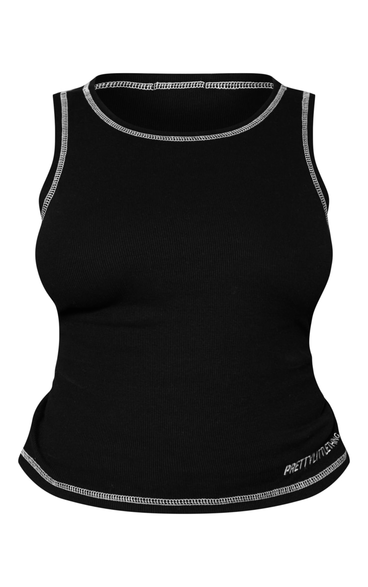 Plt Plus Black Contrast Stitch Rib Racer Long Top | PrettyLittleThing USA