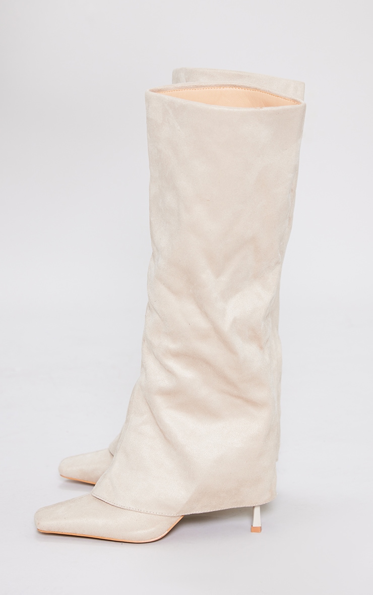 Cream Fold Over Low Heeled Knee High Boots | Footwear | PLT
