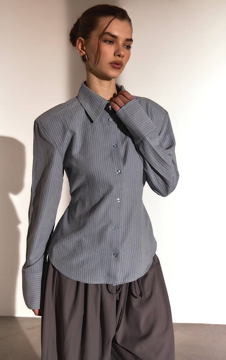 Blue Striped Peachskin Fitted Shoulder Padded Shirt | Tops | PLT
