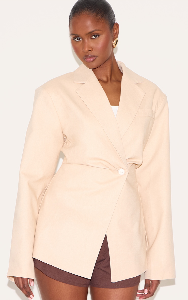 Beige Linen Look Tailored Cinched Waist Blazer | Outerwear ...