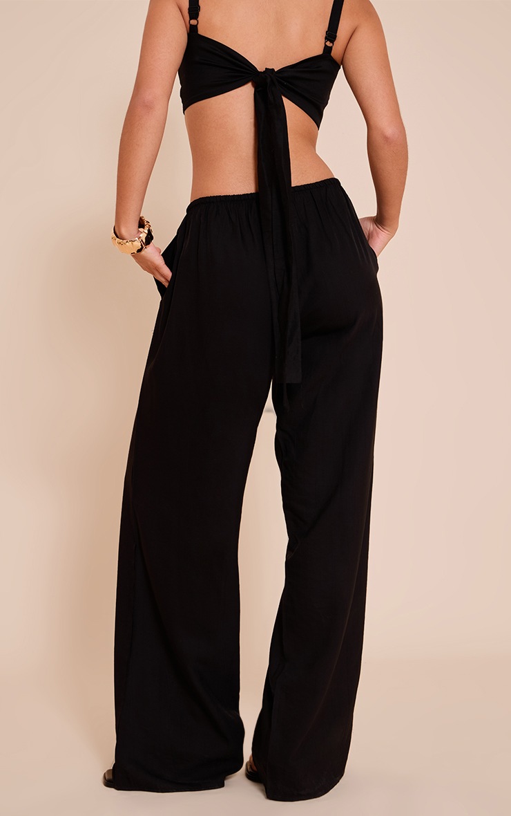 Black Textured Wide Leg Draw String Trousers | Bottoms | PLT