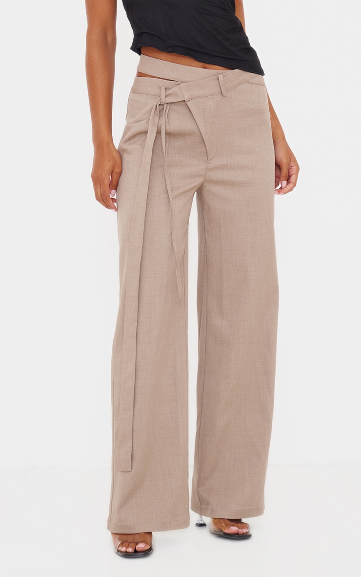 Taupe Crossover Waistband Tailored Trouser | Bottoms | PLT