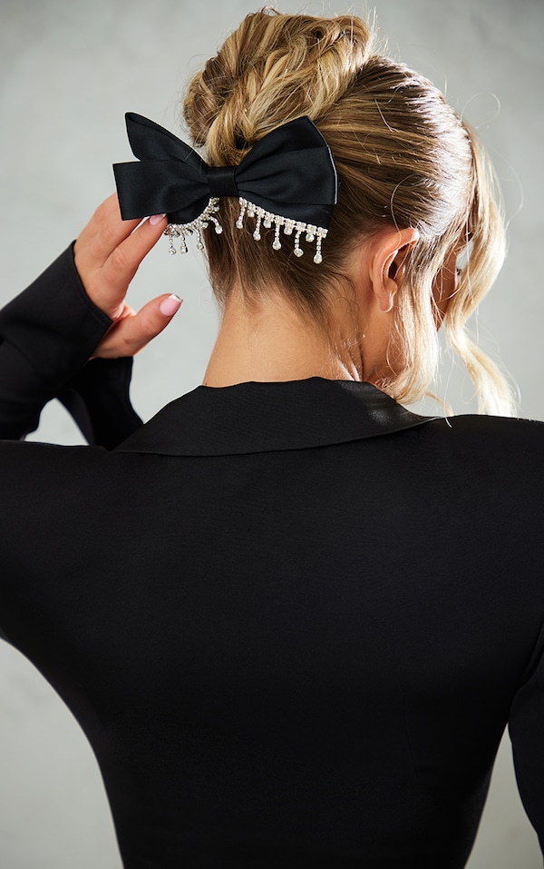 Black Satin Diamante Trim Bow | Accessories | PrettyLittleThing USA