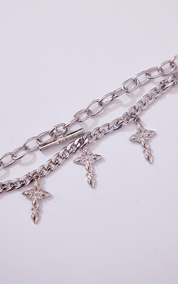 Silver Layered Chunky Chain Cross Bracelet | Accessories | PLT