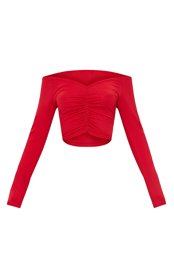 Red Slinky Ruched Front Long Sleeve Crop Top | PrettyLittleThing