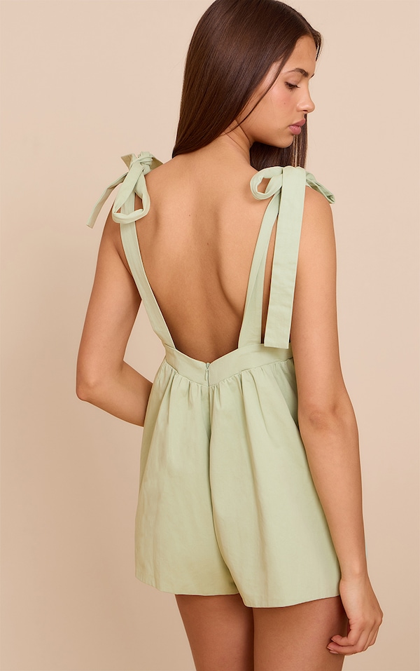 Sage Woven Tie Shoulder Detail Playsuit | Dresses | PLT