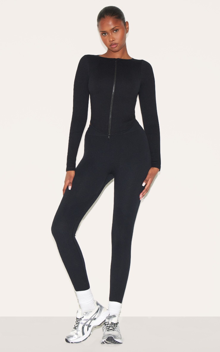 Black Contour Rib Double Zip Top | Tops | PrettyLittleThing