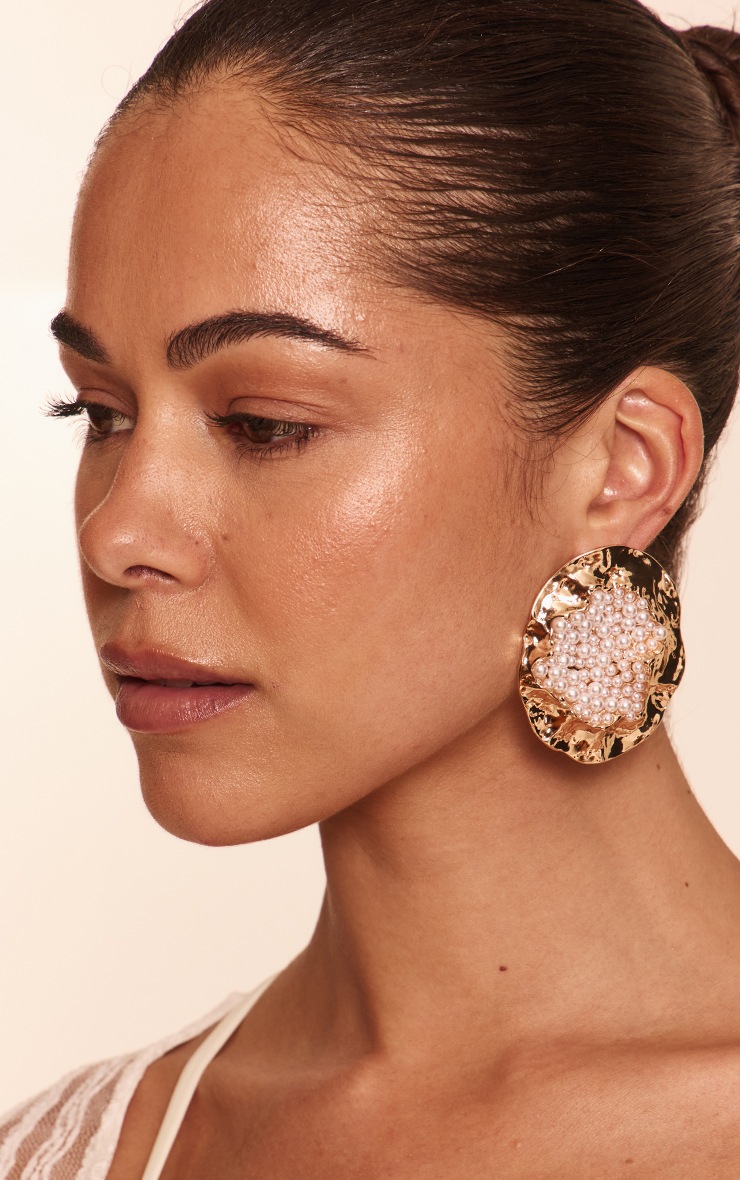 Gold Texture Pearl Centre Statement Earings | Accessories ...