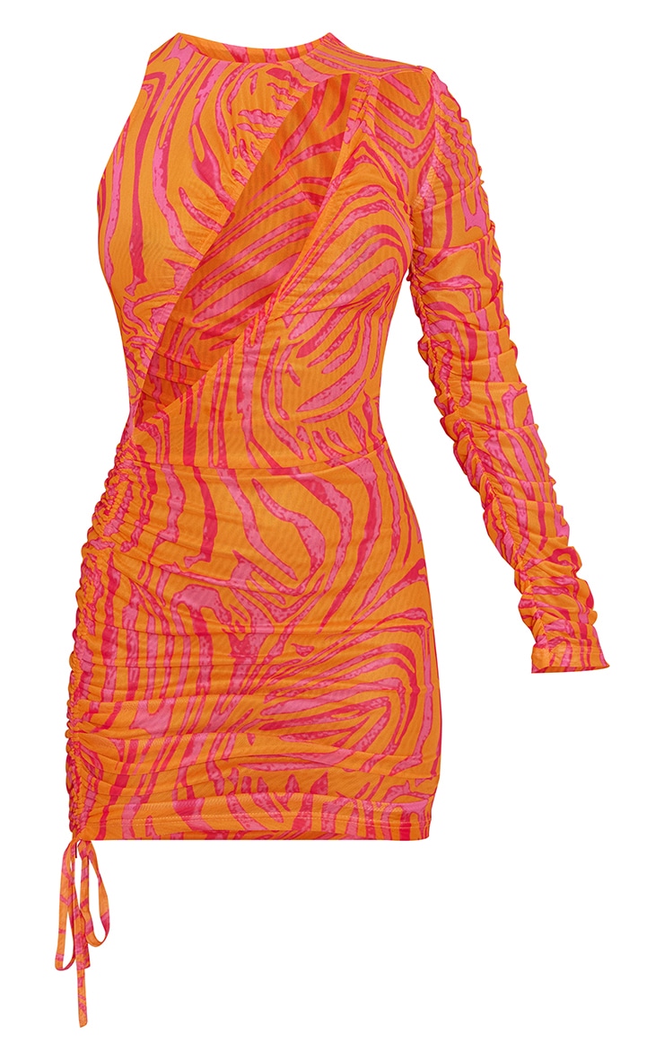 Petite Orange Zebra Mesh Ruched Detail Dress | PrettyLittleThing