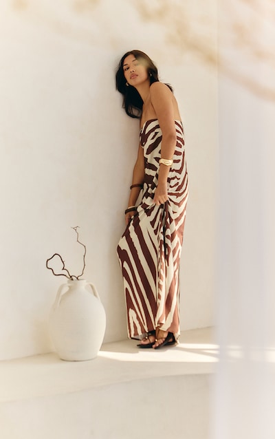 Tan Zebra Abstract Print Woven Bandeau Maxi Dress | Dresses ...