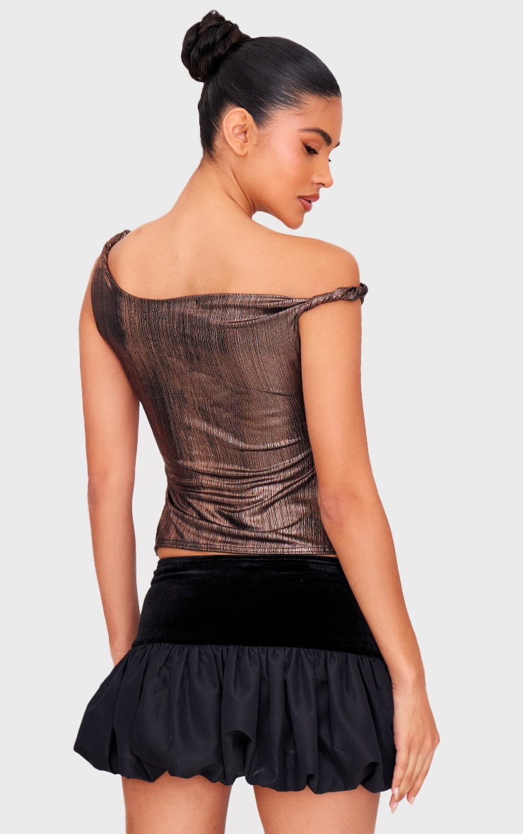 Gold Metallic Textured Twist Shoulder Long Top | Tops | PLT