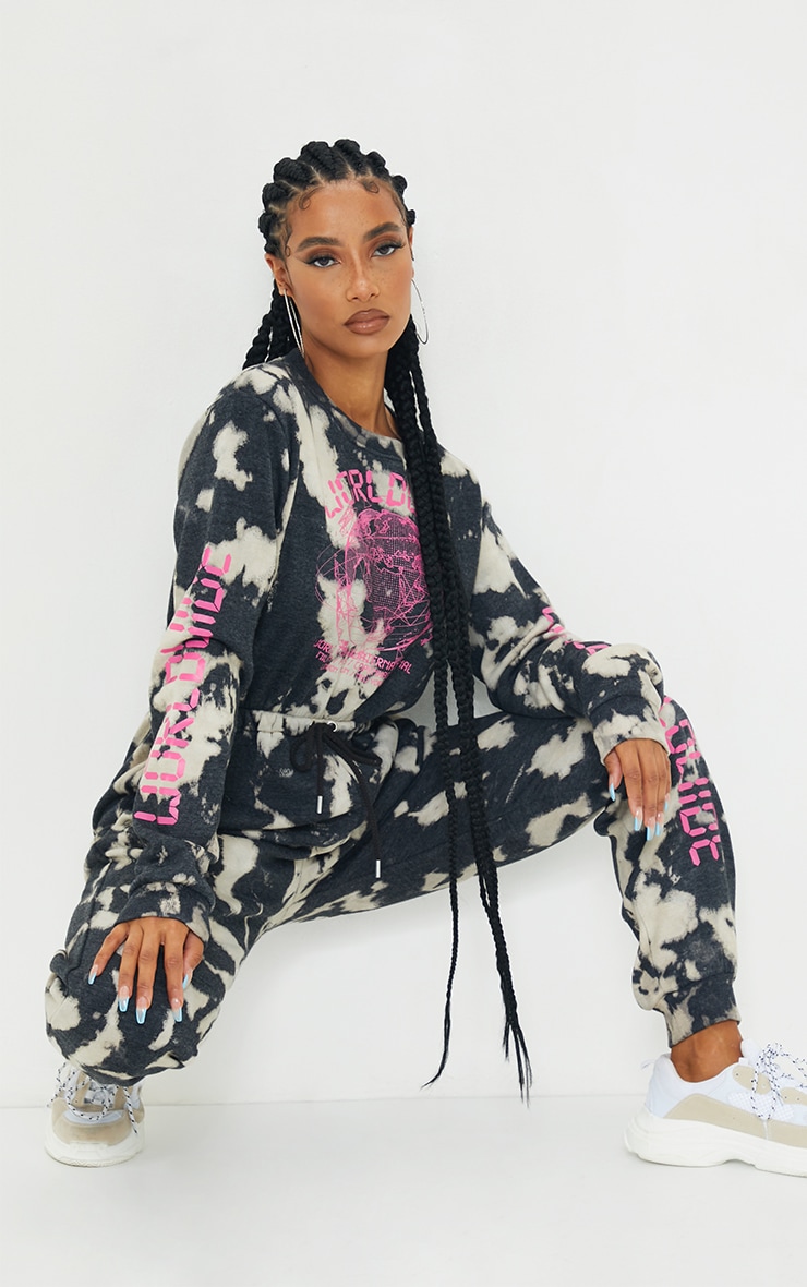 Black Worldwide Tie Dye Sweat Jumpsuit | PrettyLittleThing AUS