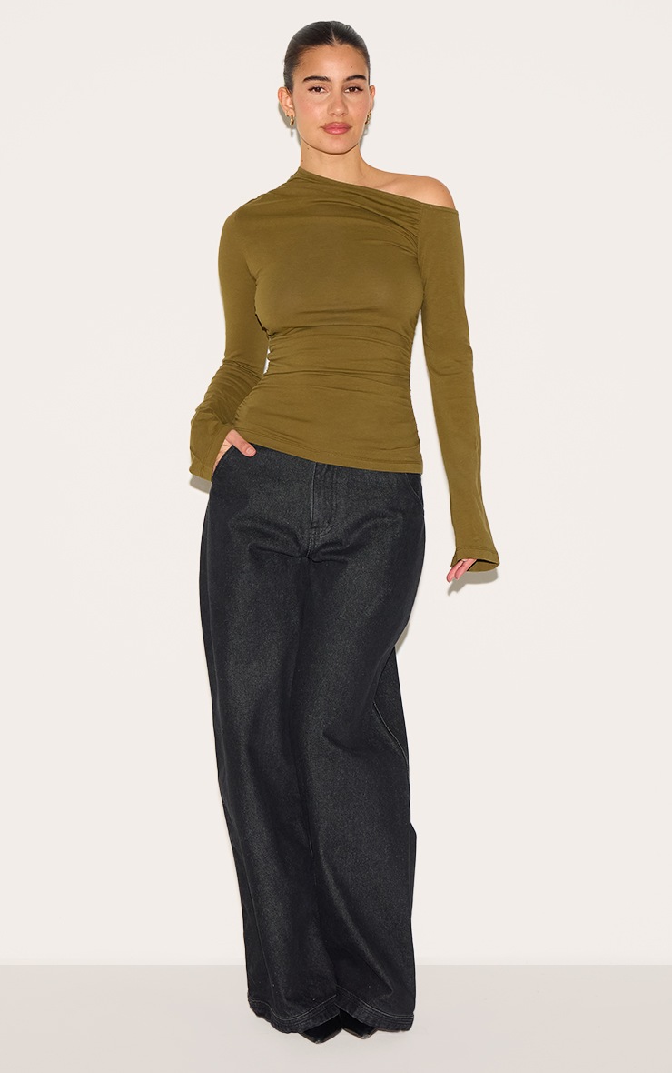 Olive Asymmetric Ruched Flared Sleeve Long Top | Tops | PrettyLittleThing