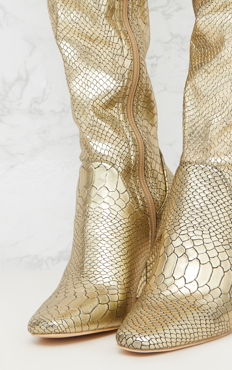 Gold Snake Effect Thigh High Boot | Shoes | PrettyLittleThing
