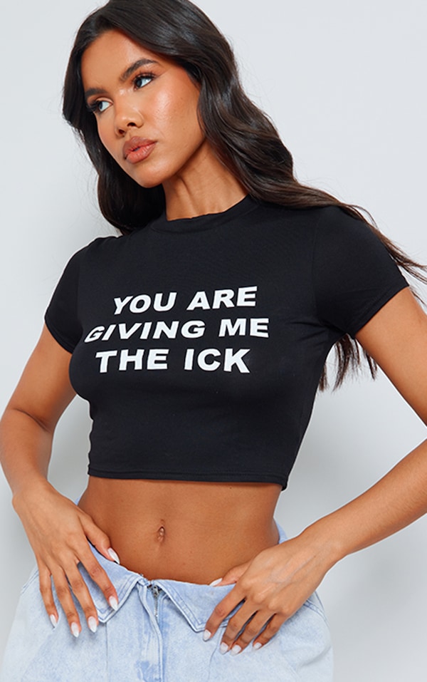 Black Slogan Print Fitted Cropped T-shirt | Tops | PLT