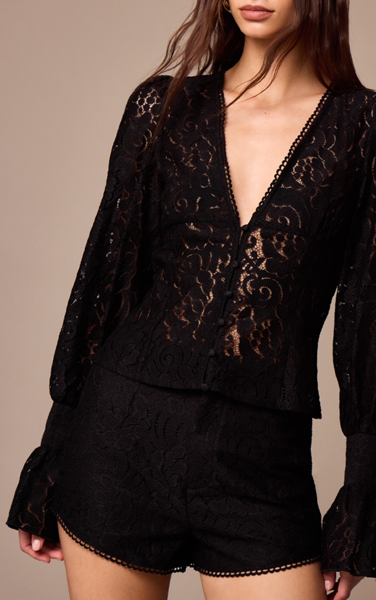 Black Sheer Lace Plunge Puff Sleeve Blouse | Co-ords | PLT