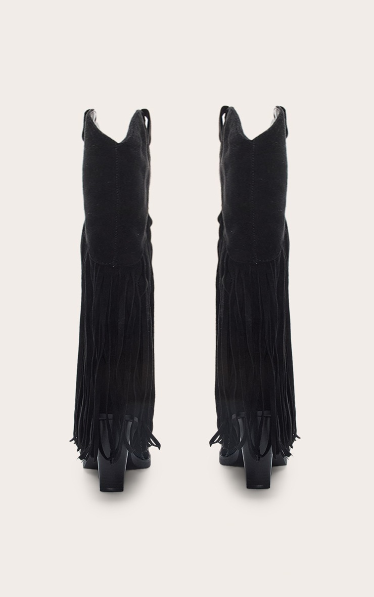 Black Fringed Heel Knee High Western Boots | Footwear | PLT AUS
