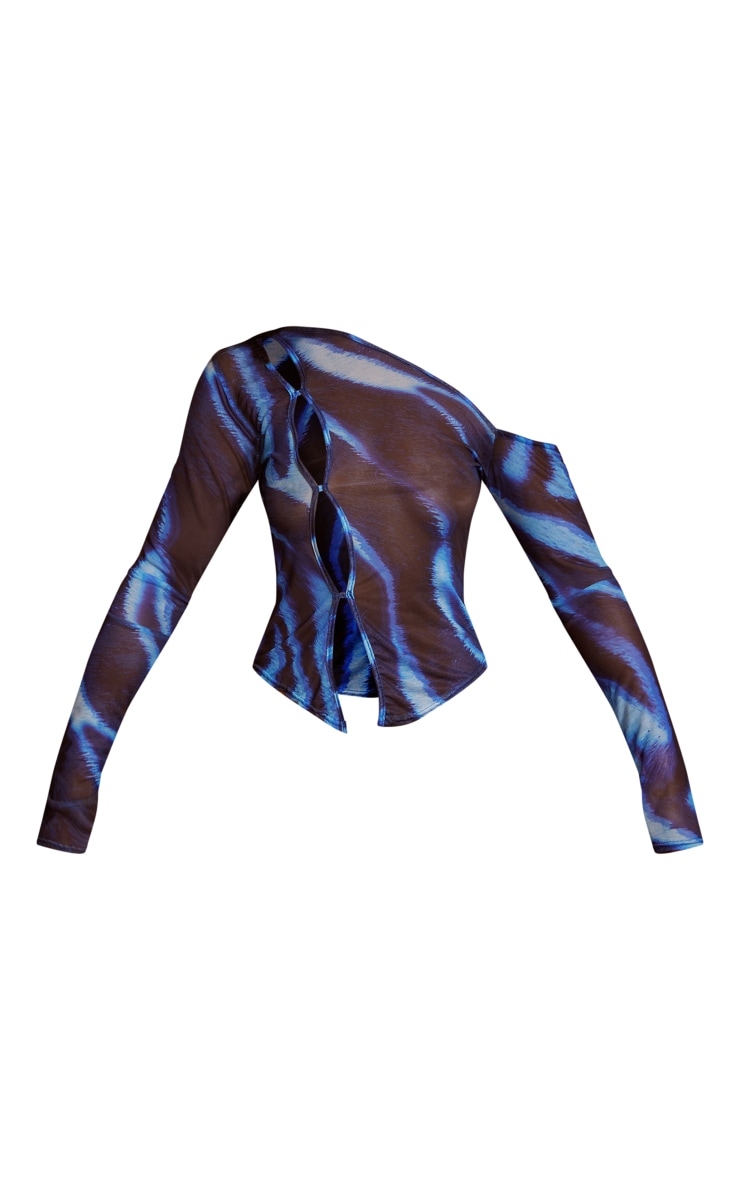Blue Printed Mesh Asymmetric Cut Out Top | Tops | PLT UAE