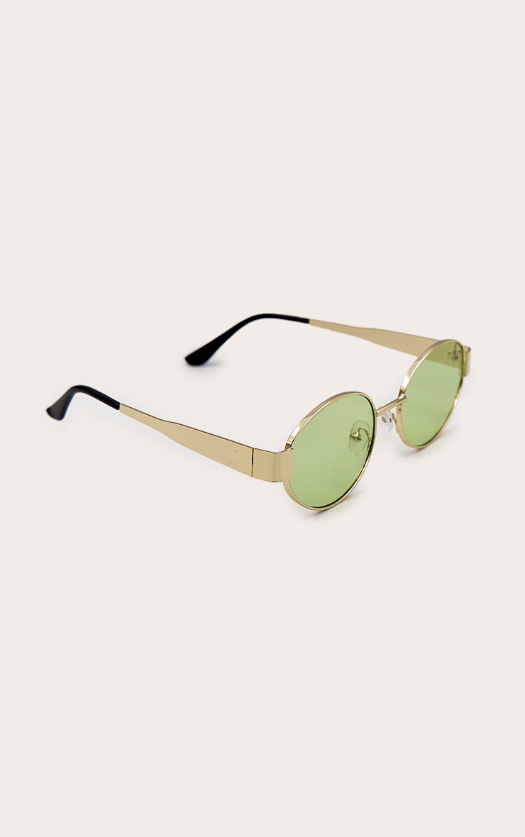 Gold Metal Frame Green Lens Round Sunglasses | Accessories | PLT