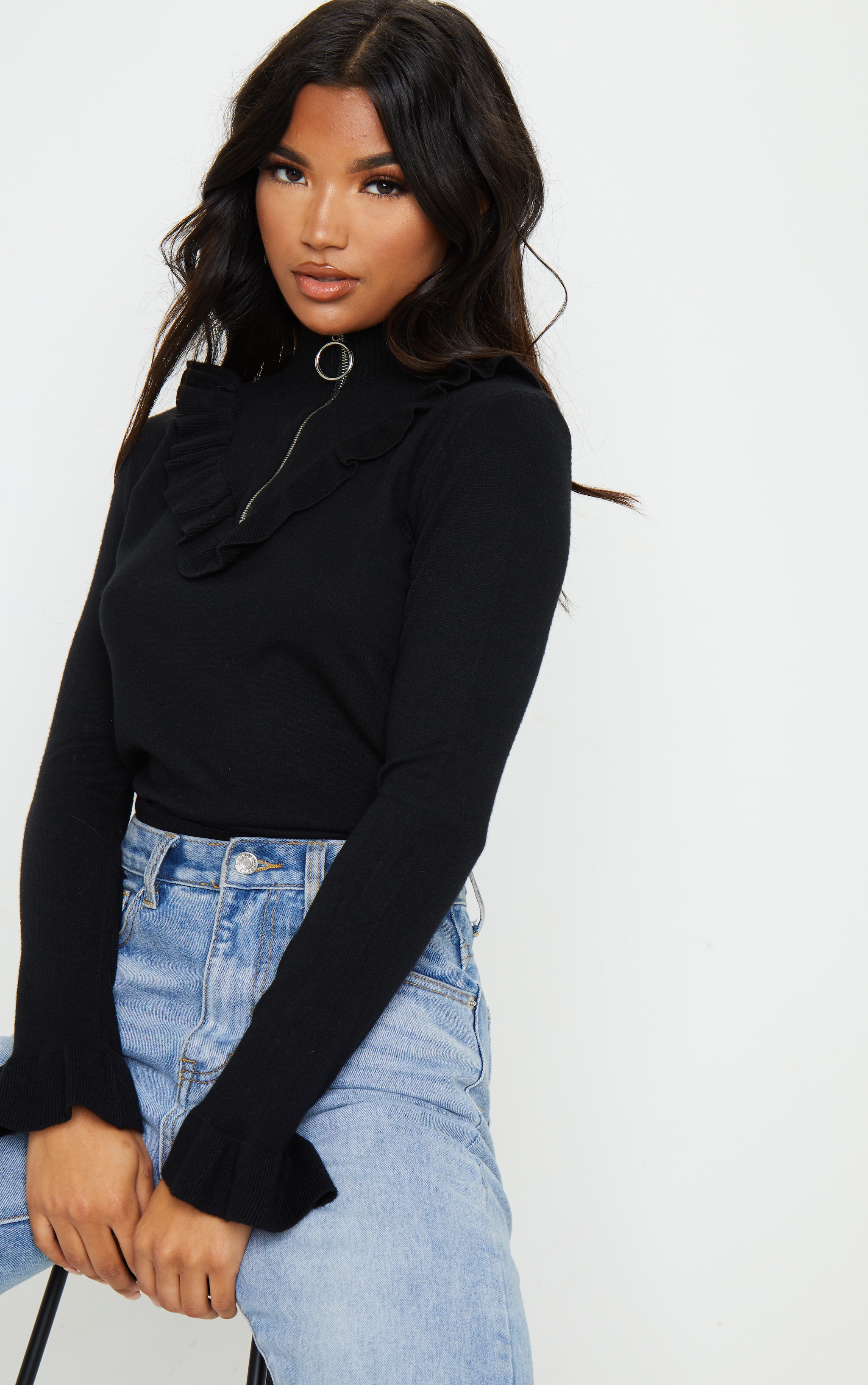 Black Frill Edge Zip Front Knitted Jumper | PrettyLittleThing