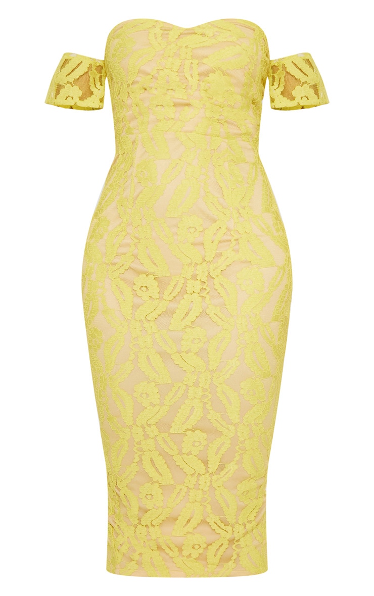Chartreuse Lace Bardot Midi Dress | Dresses | PrettyLittleThing USA