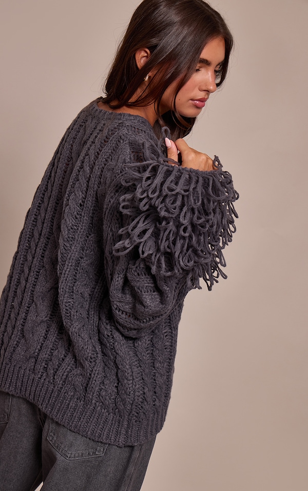 Charcoal Cable Knit Loop Trim Sweater | Knitwear | PLT USA