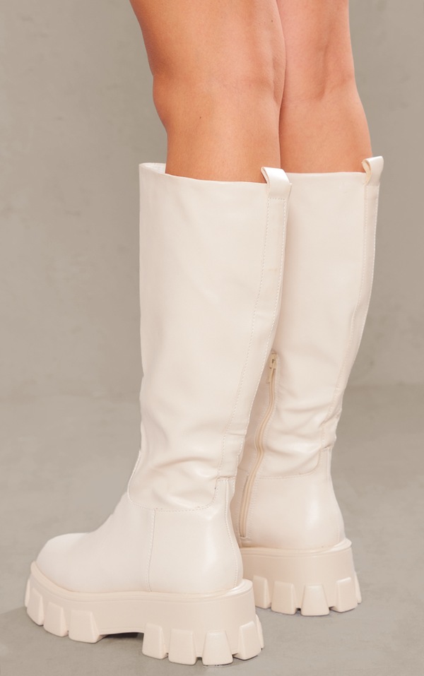Beige Pu Round Toe Chunky Platform Knee High Boots | PrettyLittleThing AUS
