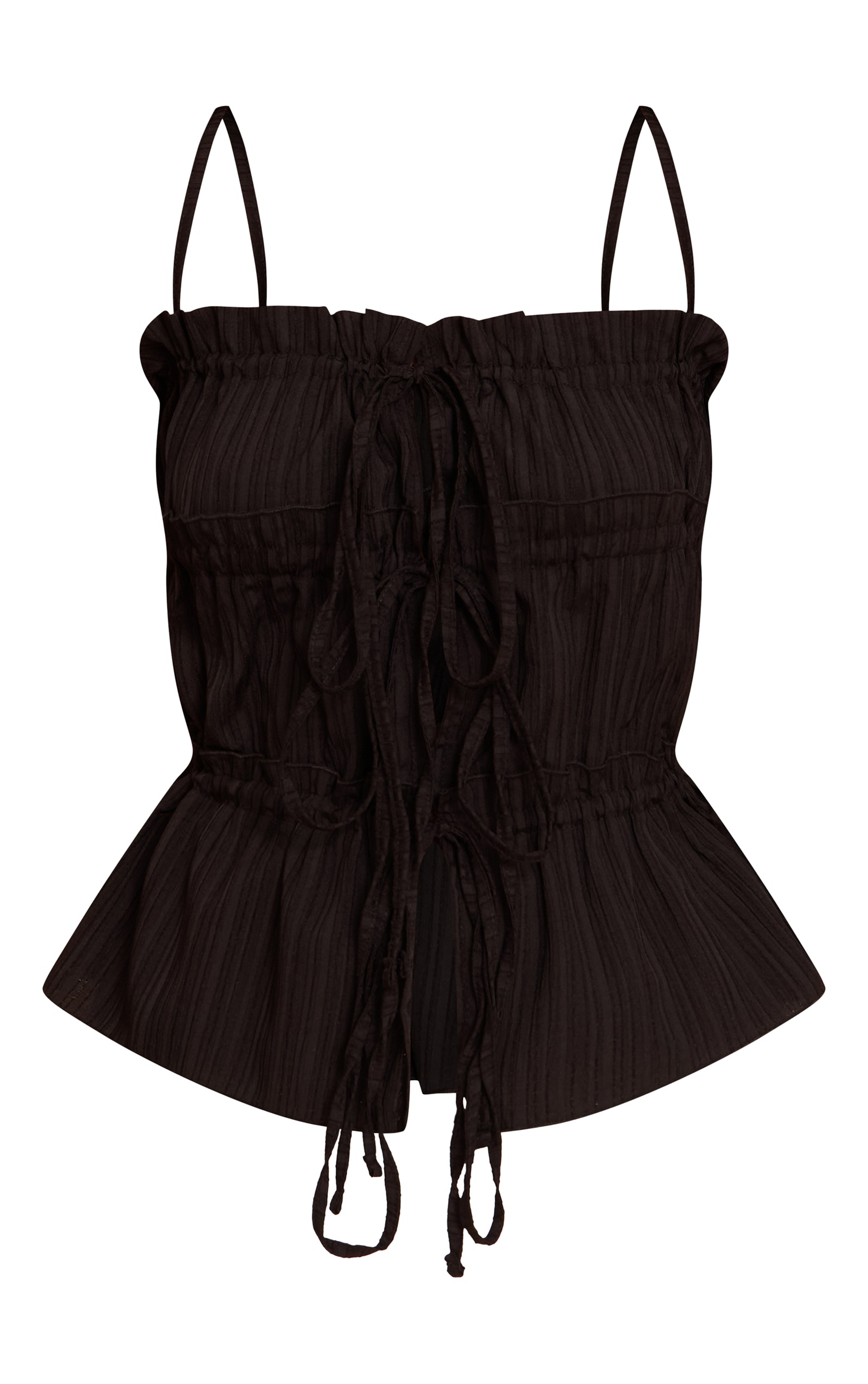 Black Textured Ruffle Strappy Tie Front Cami Top | Tops | PLT