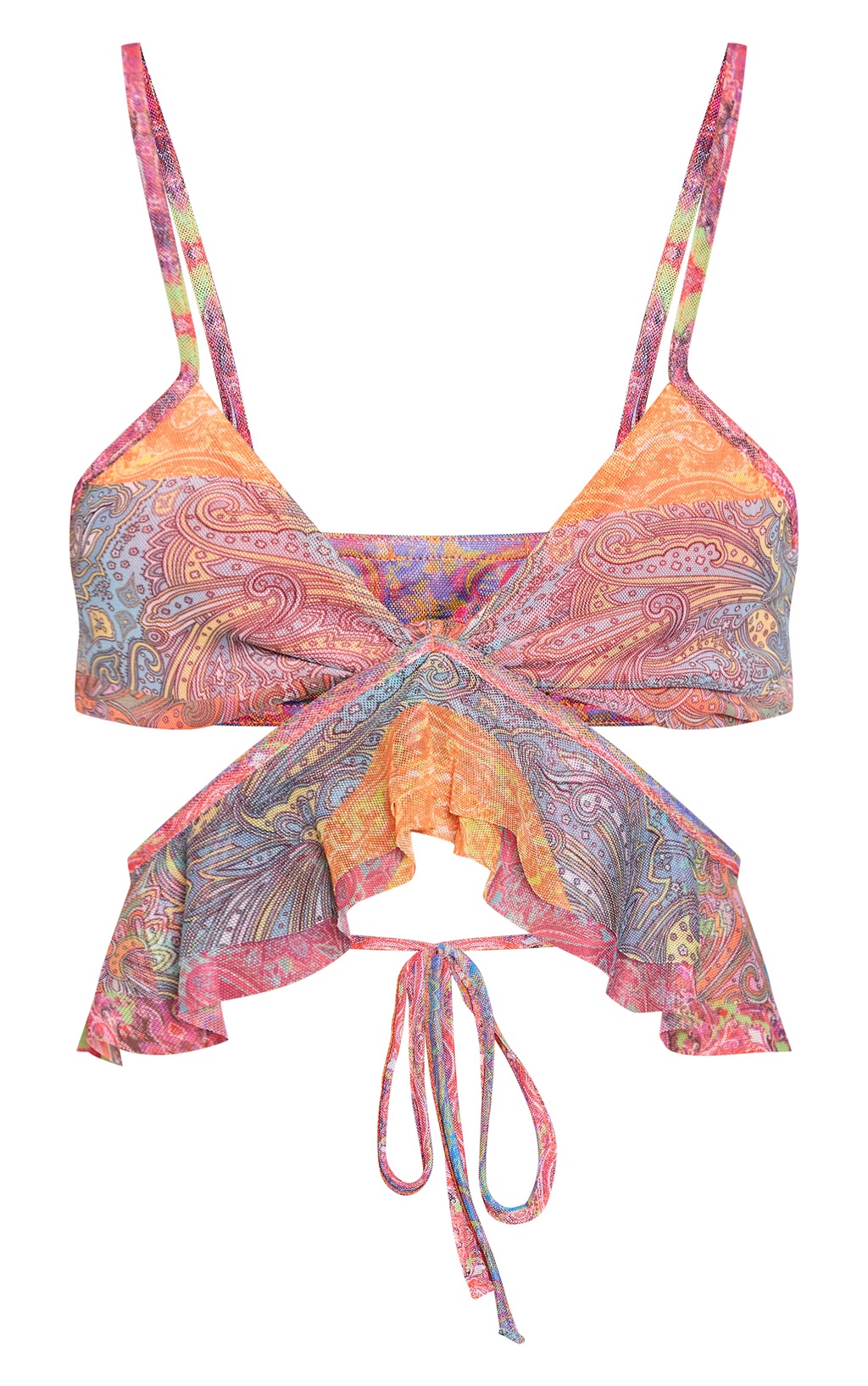 Multi Patchwork Printed Mesh Frill Wrap Crop Top | Tops | PrettyLittleThing USA