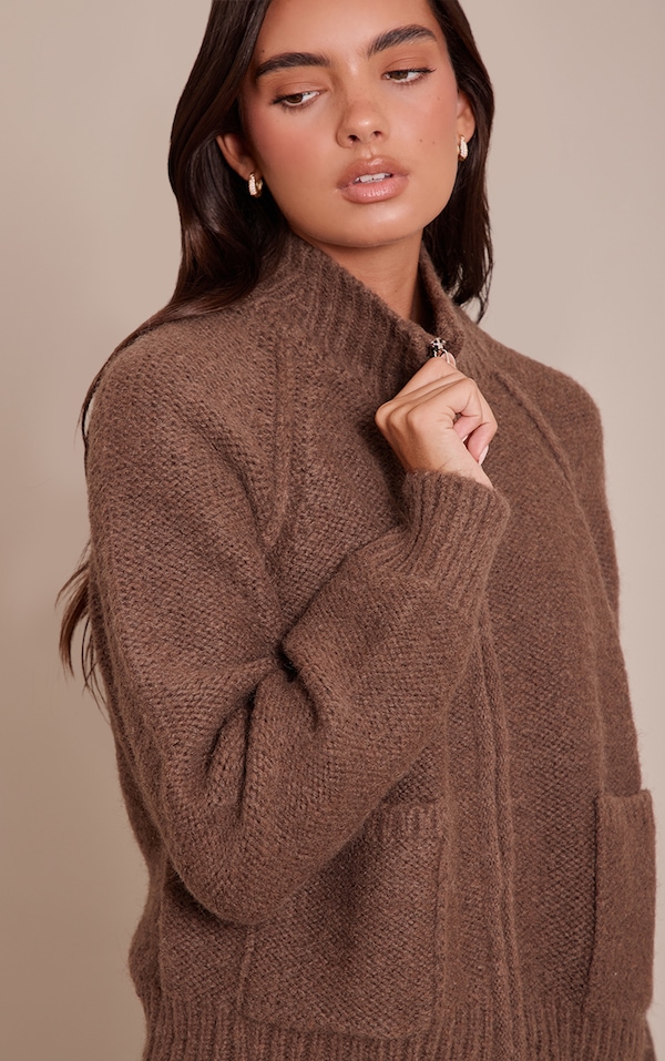 Chocolate Zip Up Pocket Detail Knitted Cardigan | Knitwear ...