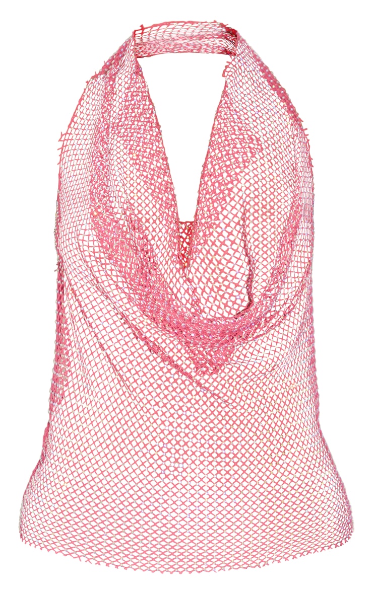 Hot Pink Rhinestone Fishnet Cowl Long Top | Tops | PrettyLittleThing KSA