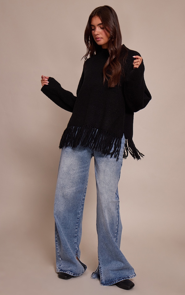 Black Round Neck Fringe Hem Oversized Jumper | Knitwear | PLT