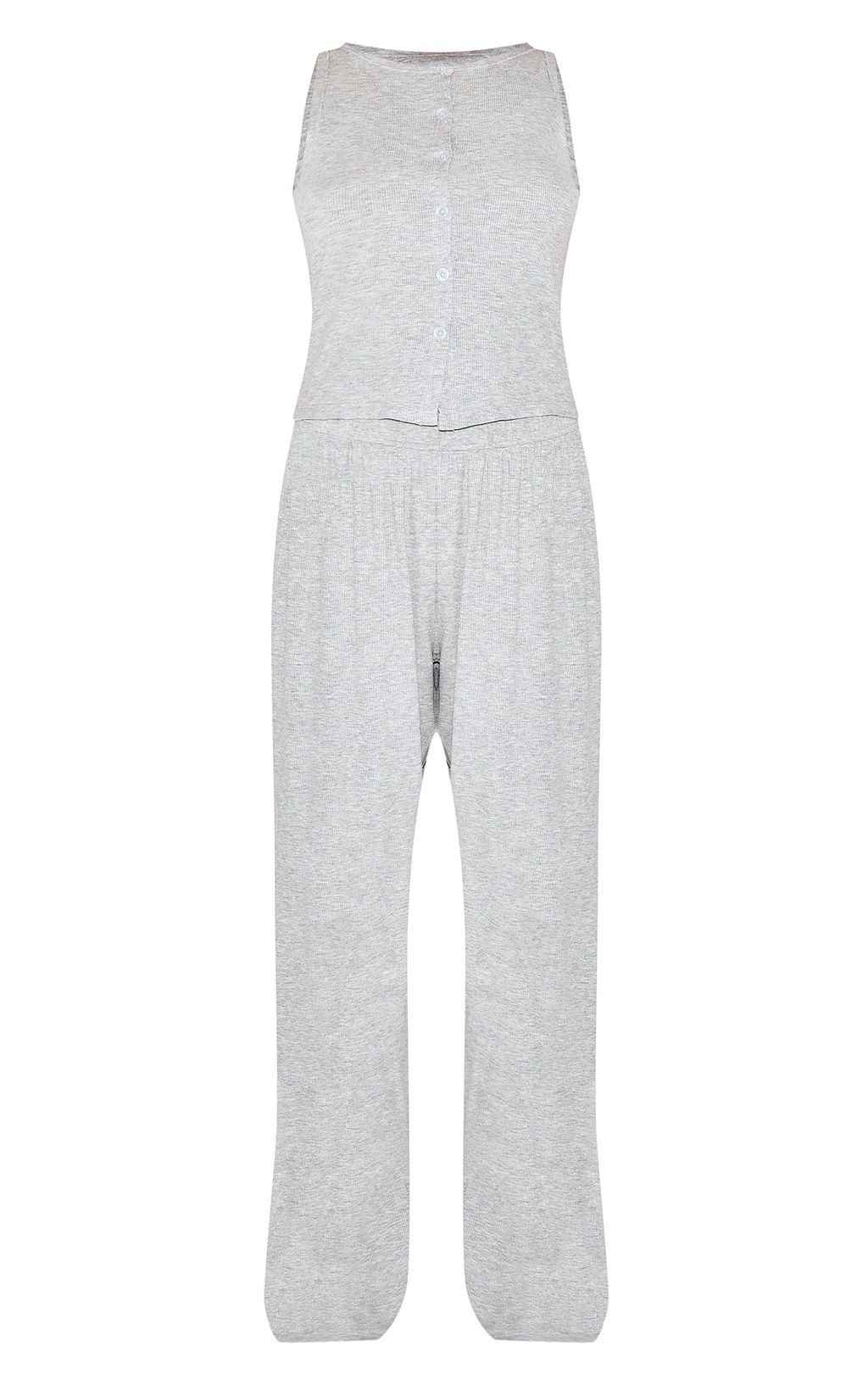 Grey Ribbed Button Vest Long Pj Set | Lingerie & Nightwear | PLT USA