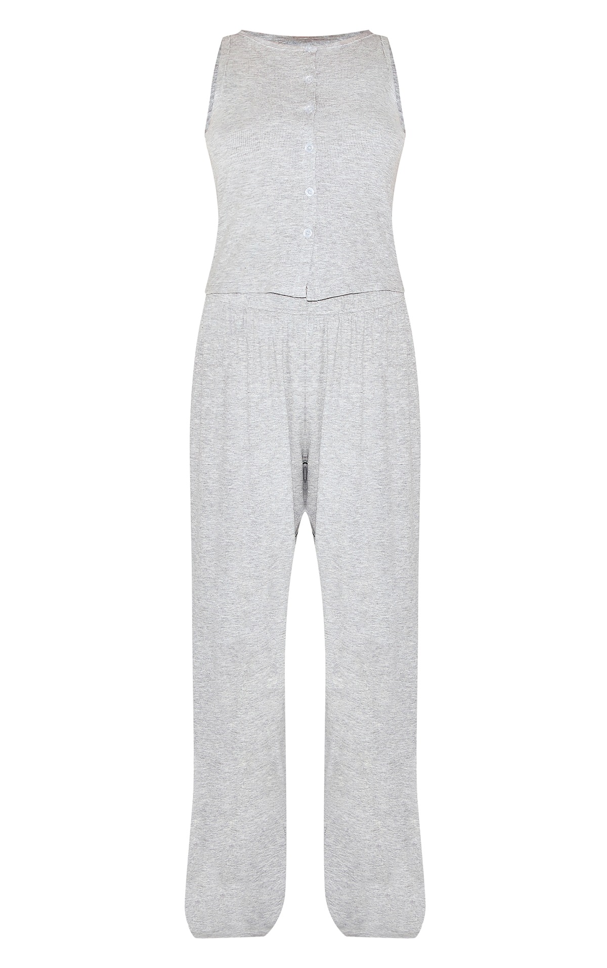 Grey Ribbed Button Vest Long Pj Set | Lingerie & Nightwear | PLT
