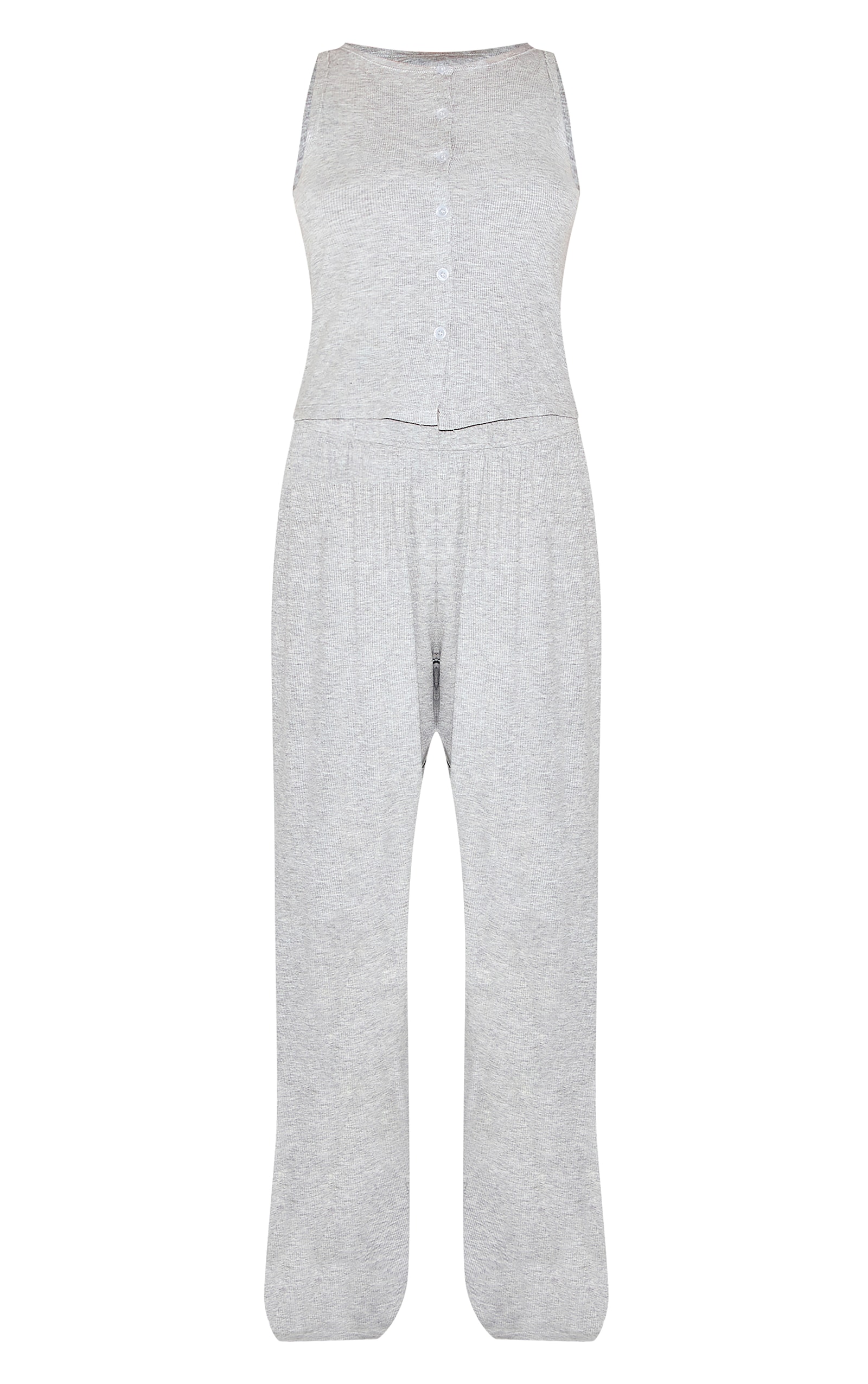Grey Ribbed Button Vest Long Pj Set | Lingerie & Nightwear | PLT USA