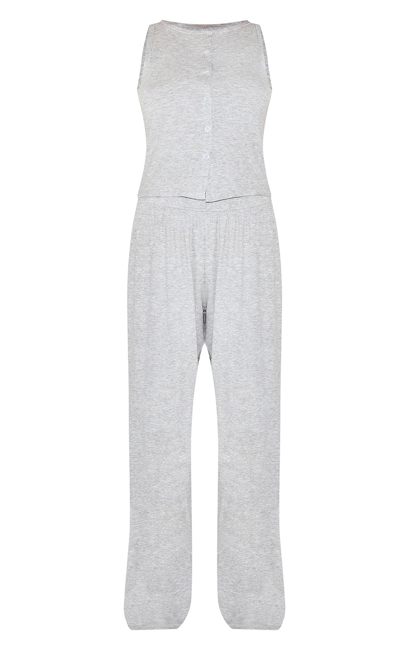 Grey Ribbed Button Vest Long Pj Set | Lingerie & Nightwear ...