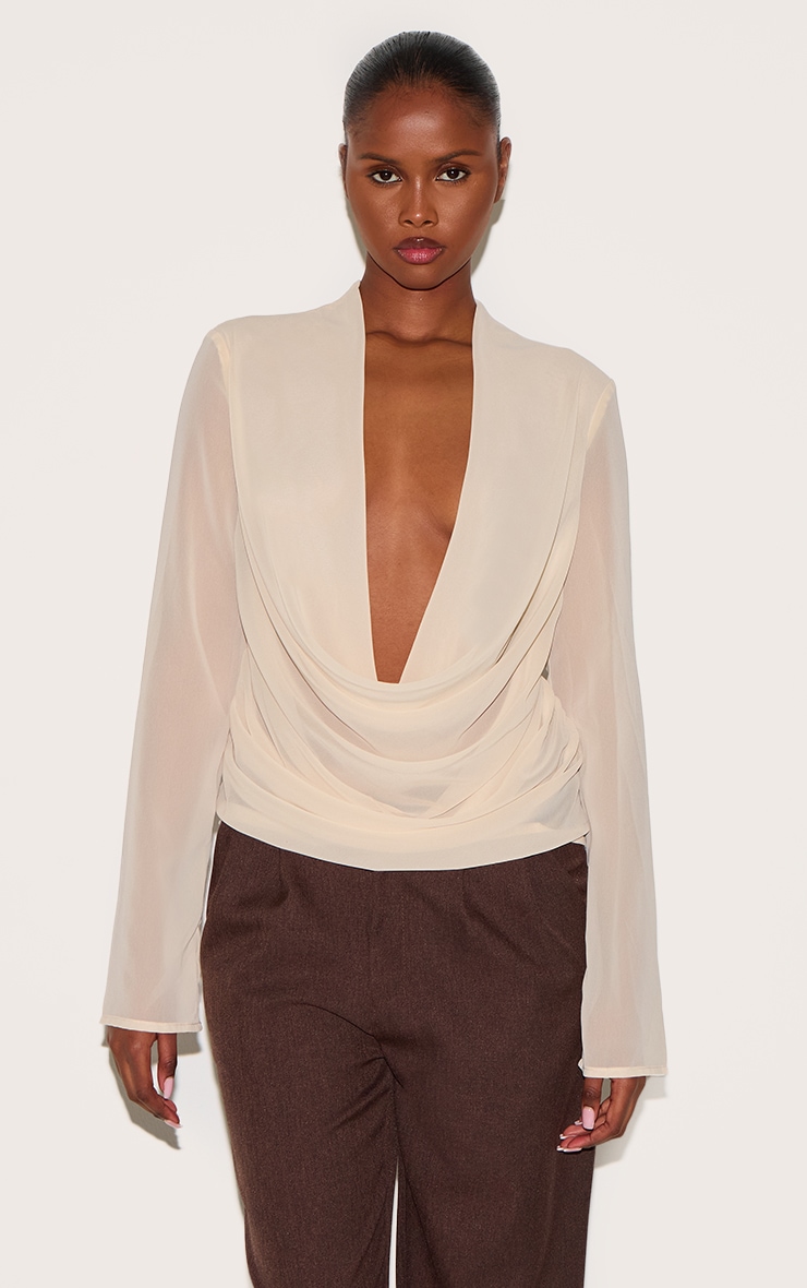 Almond Chiffon Long Sleeve Sheer Cowl Blouse | Tops | PrettyLittleThing USA