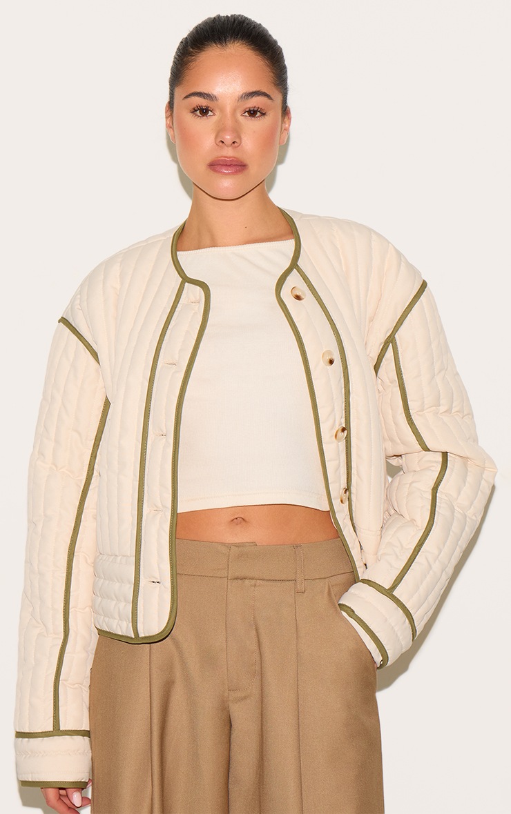 Cream Button Up Round Neck Quilted Jacket | Outerwear ...