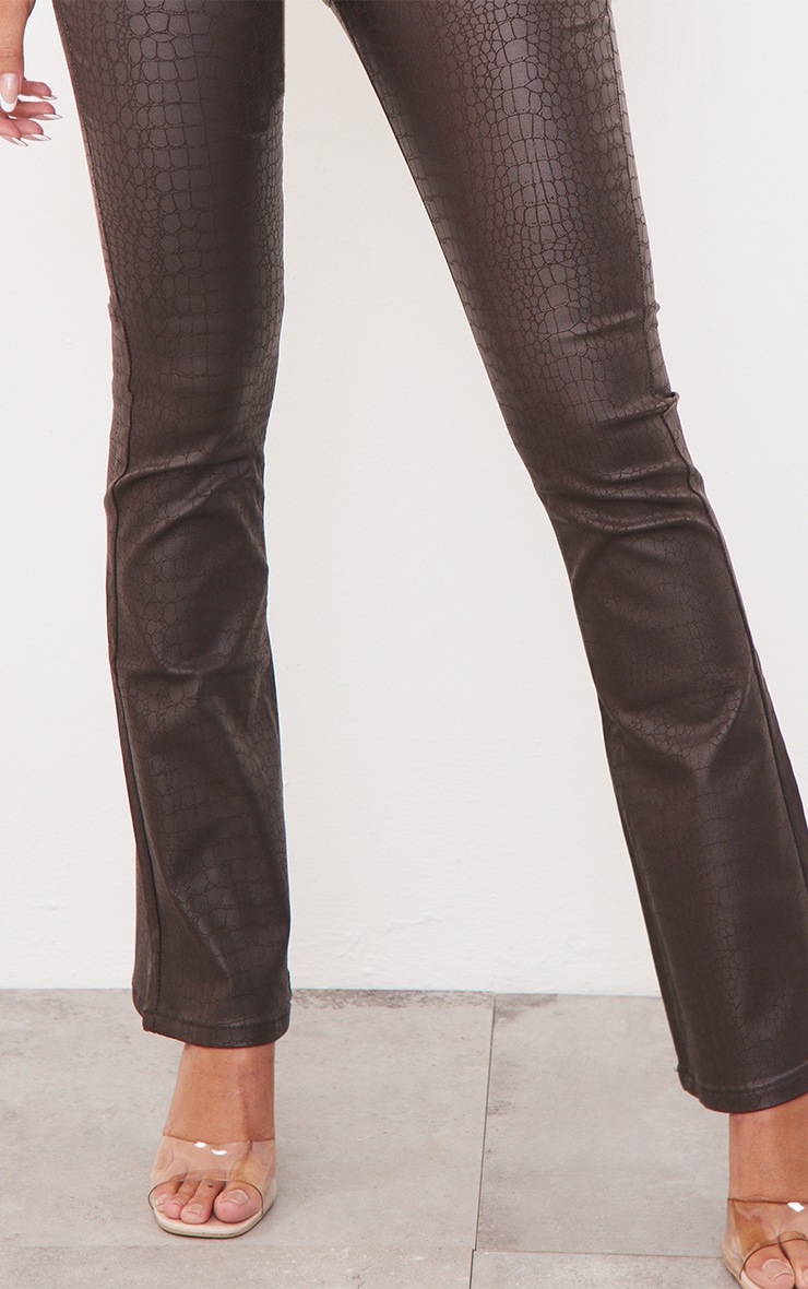 Chocolate Brown Croc Coated Denim Flared Jeans | Denim | PLT