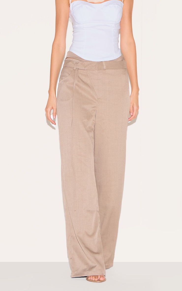 Taupe Crossover Waistband Tailored Trouser | Bottoms | PrettyLittleThing