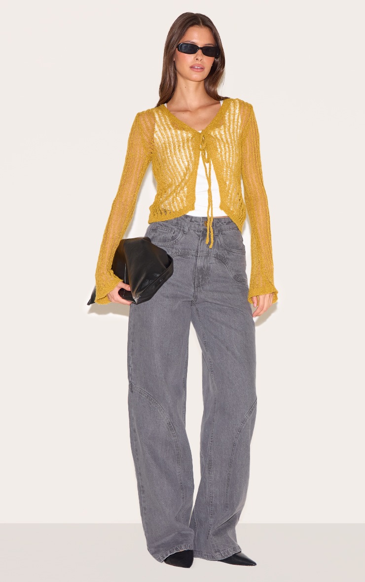 Olive Ladder Knit Sheer Cropped Tie Front Top | Knitwear ...