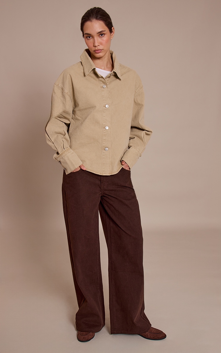 Sand Balloon Sleeve Curved Hem Denim Shirt | Denim | PLT IRE