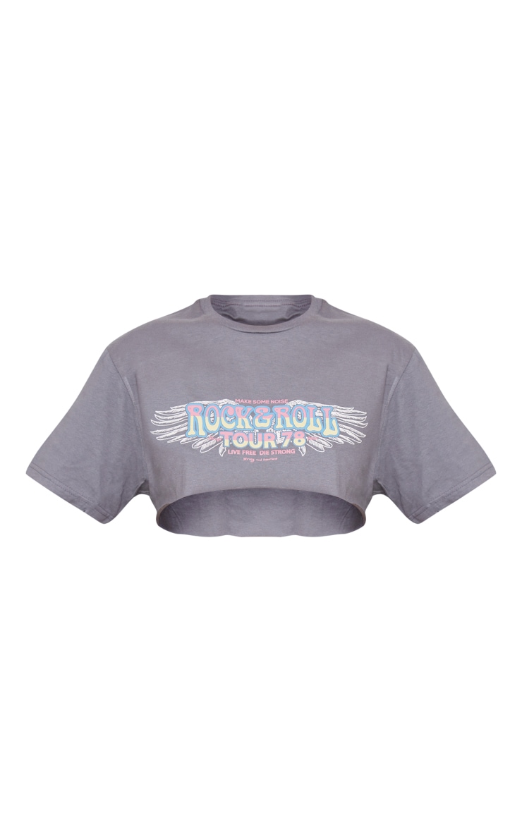 Charcoal Rock And Roll Print Micro Crop T Shirt | PrettyLittleThing USA