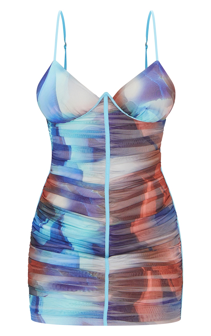 Blue Abstract Mesh Ruched Underwire Bodycon Dress | PrettyLittleThing
