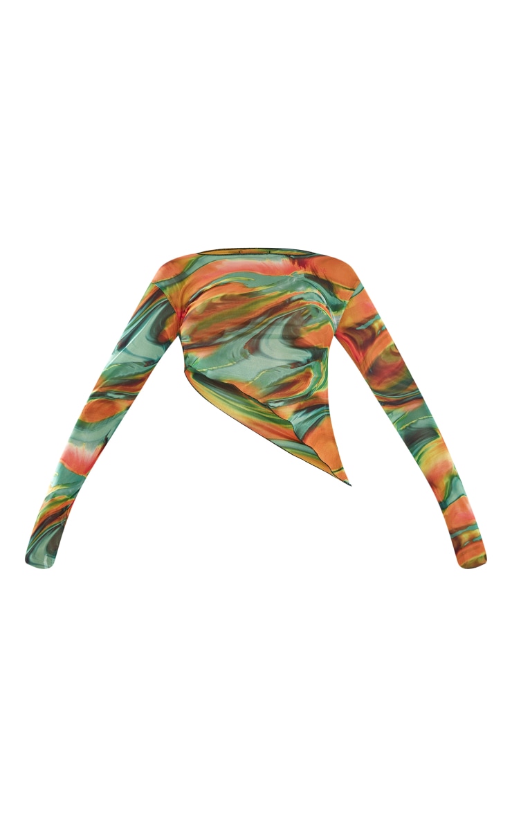 Green Long Sleeve Asymmetric Hem Mesh Printed Top | PrettyLittleThing