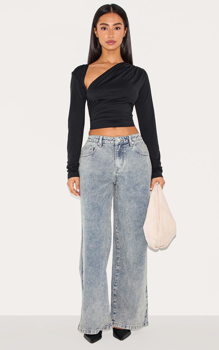 Petite Black Slinky Long Sleeve Ruched Side Top | Petite ...