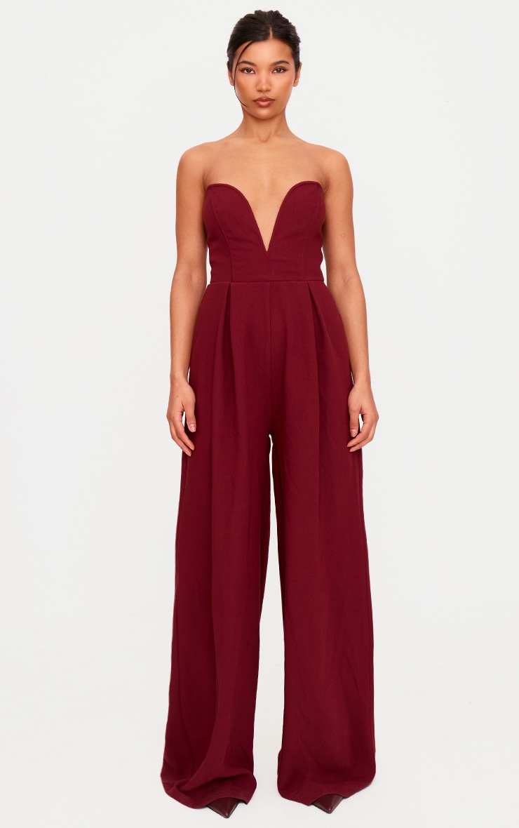 PLT Label Burgundy Plunge Wide Leg Jumpsuit | Dresses | PLT