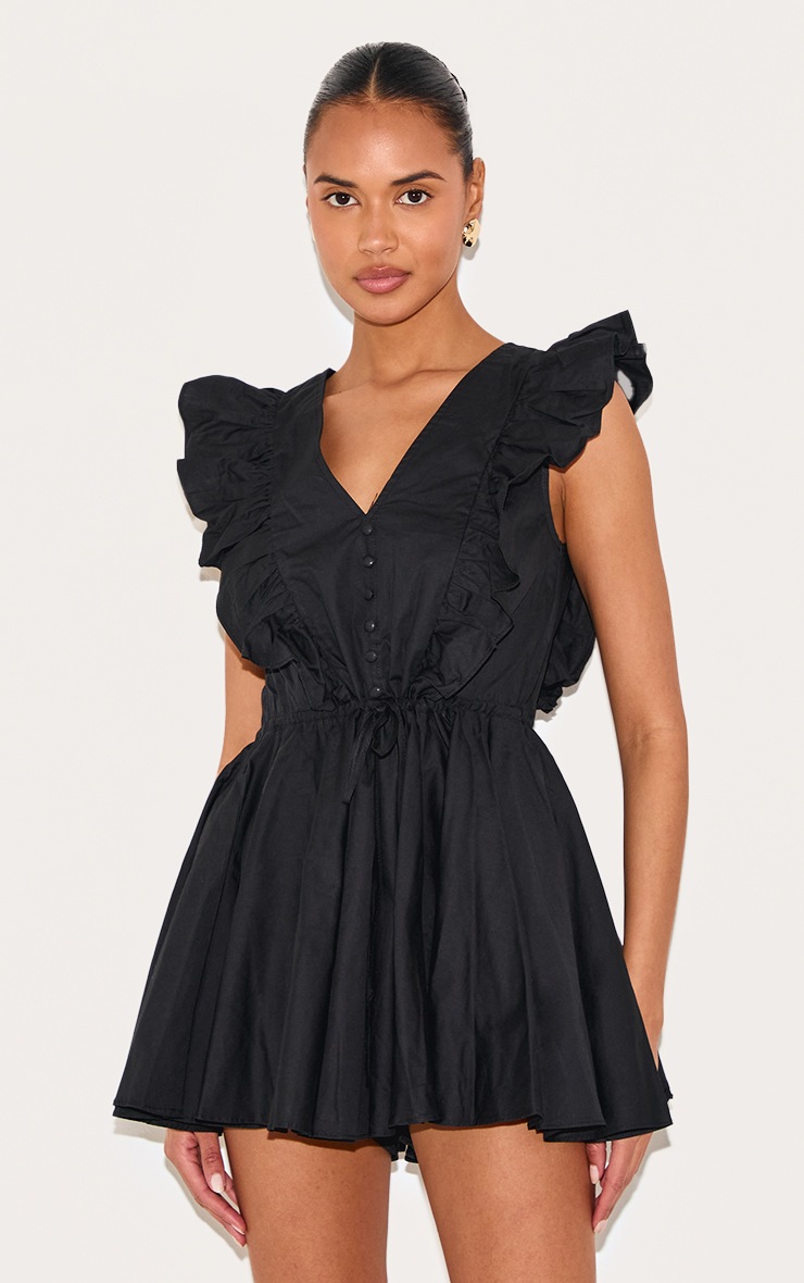 Black Poplin Button Detail Flare Short Playsuit | Jumpsuits & Playsuits ...