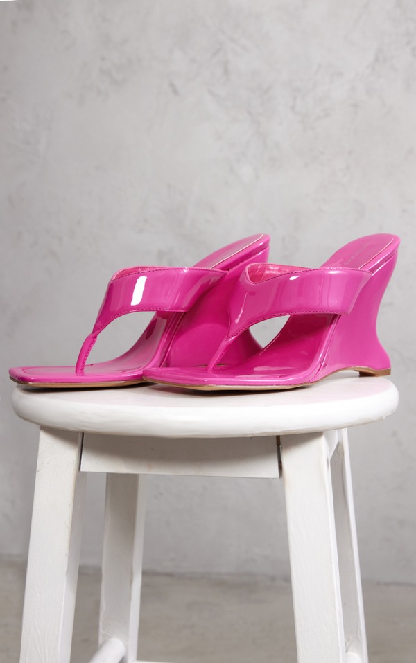 Pink Pu Square Toe Padded Toe Thong Strap Wedges | Footwear | PLT